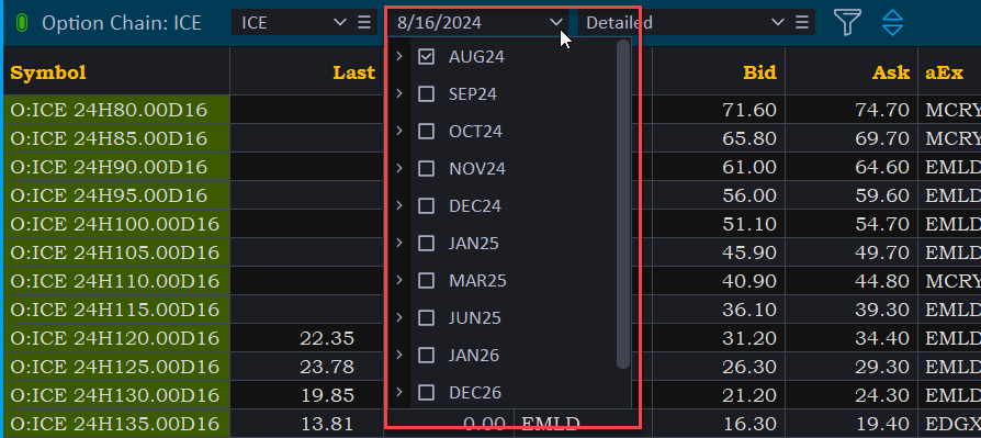 eSignal version 12/21 - Option Chain Window – eSignal Knowledge Base