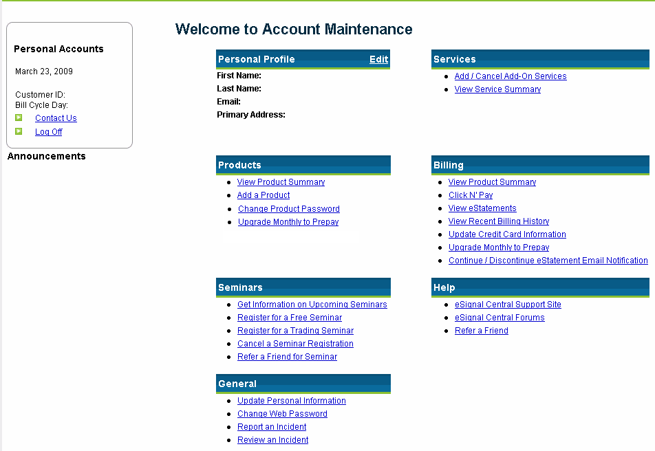 Account Maintenance - Overview – eSignal Knowledge Base